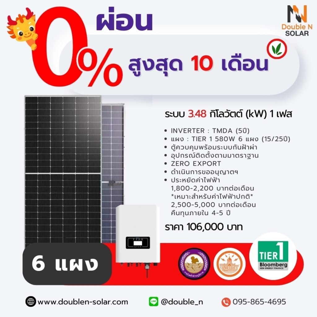 โซลาร์รูฟท็อป ขนาด 3.48 กิโลวัตต์ (kW) 1 เฟส